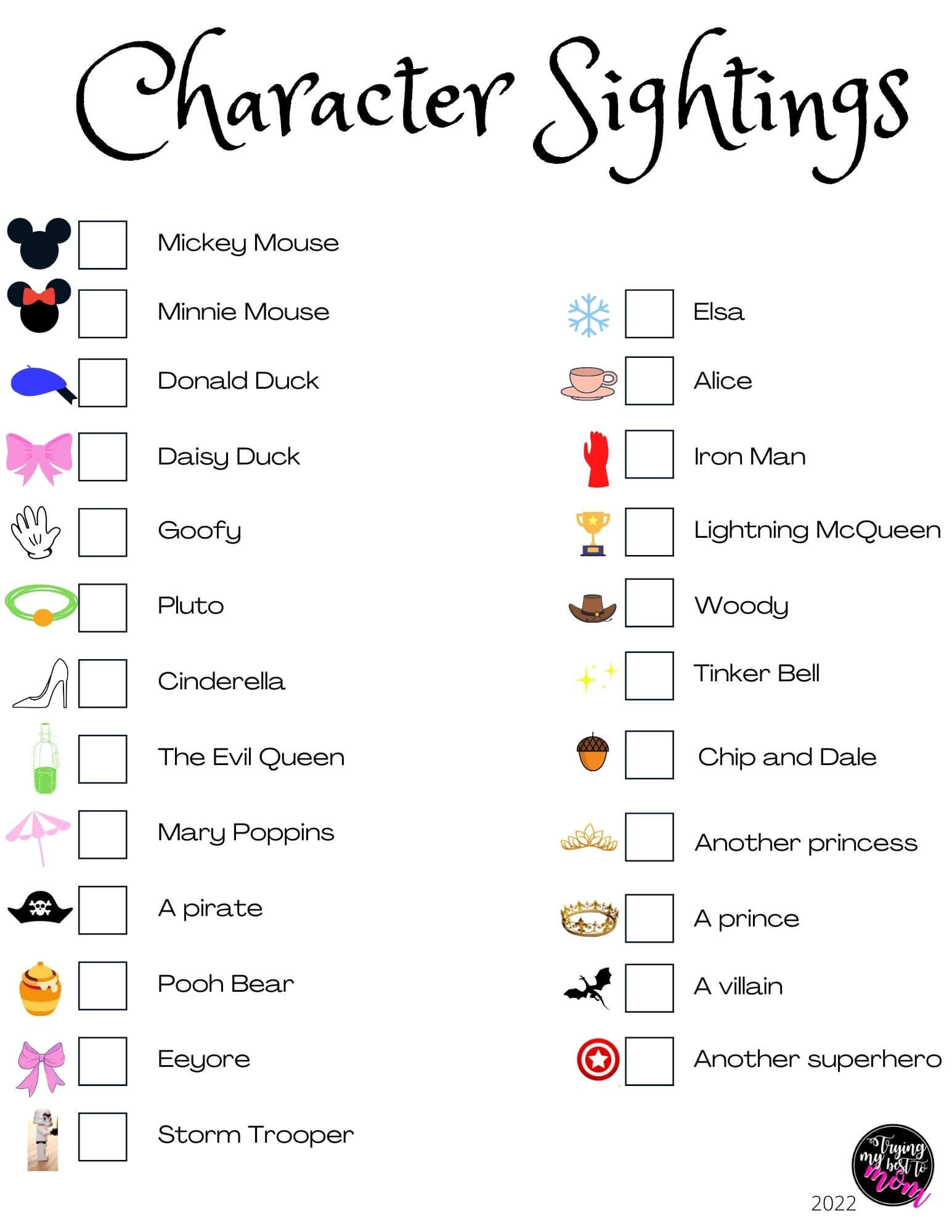Free Disneyland Character Checklist - Trying My Best To Mom